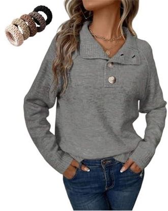 Generic Pull en tricot torsad&eacute; boutonn&eacute; &agrave; col montant pour femme, manches longues, confortable, l&eacute;ger, ample, d&eacute;contract&eacute;, travail, automne, gris fonc&eacute;, XL
