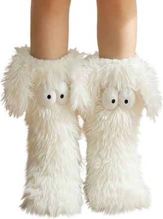 Generic Jolies chaussettes en peluche pour adultes, adolescents et enfants, chiots &agrave; gros yeux, chaussures de sol chaudes pour lhiver pour la maison, chausset