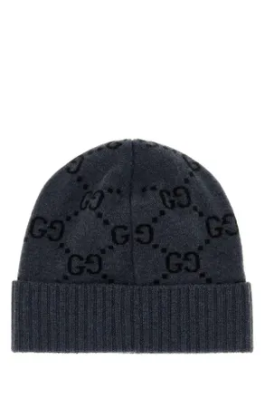 Gucci Mens Embroidered Cashmere Beanie Hat Graphiteblack Exterior: Cappelli E Fasce Per Capelli