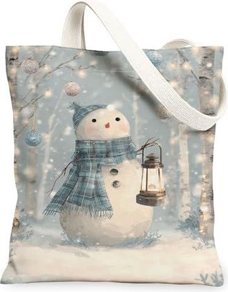 Generic Sacs fourre-tout en toile motif bonhomme de neige dhiver, sacs de courses r&eacute;utilisables, l&eacute;gers et festifs, lavables avec bandouli&egrave;re, bleu, 13x15 Inc