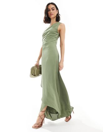 Tfnc Robe longue et asym&eacute;trique de demoiselle dhonneur en satin avec jupe cache-coeur - Vert fonc&eacute;