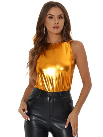 Allegra K Damen Pailletten Oberteil Metallic Glitzer &Auml;rmellos Club Party Camisole Tank-Tops Orange S