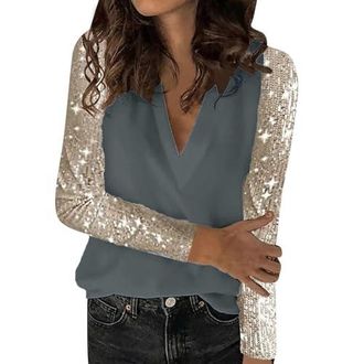 Generic Haut scintillant pour femme &agrave; manches longues &agrave; paillettes &agrave; la mode avec col en V et sequins, chemisiers larges et confortables, sweats d&eacute;contract&eacute;s 