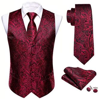 Barry.Wang Gilet cachemire pour homme en soie jacquard avec col en V et boutons de manchette carrés pour mariage, smoking, bal de fin dannée, Red Paisley, L