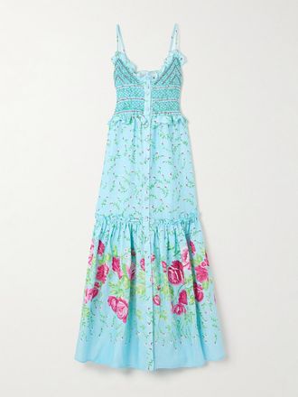 Loretta Caponi Bianca Maxikleid Aus Leinen Mit Blumenprint, Stickereien, Smokarbeit Und Rüschen - Blau