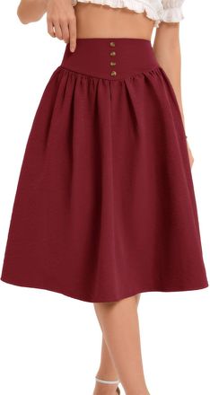 Bbonlinedress Rotes Rock Damen a Linie Faltenrock Knielang R&ouml;cke Casual Hohe Taille Midirock Basic Tellerrock Swing Freizeitrock Dark Red 2XL