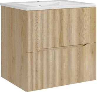 Vente-Unique Meuble de salle de bain suspendu stri&eacute; avec vasque &agrave; encastrer - Naturel clair - 60 cm - ORISO