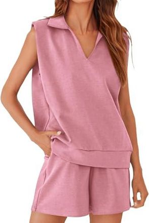 Generic Ensemble 2 pi&egrave;ces court d&eacute;t&eacute; pour femme avec col en V et sans manches, Rouge, XXL