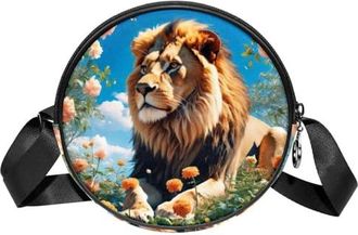 Generic Petit sac &agrave; bandouli&egrave;re circulaire pour femme, motif fleur de lion, sac &agrave; dos avec fermeture &eacute;clair, bretelles r&eacute;glables, sac &agrave; main rond d&eacute;contract&eacute; 