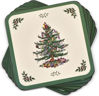 Spode Portmeirion Spode Gebundene Untersetzer mit Weihnachtsbaum, 6er-Set (Grün, 4 x 4)