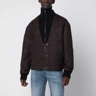 Maison Margiela Braune Wolljacke mit Fischgr&auml;tmuster und Rei&szlig;verschluss