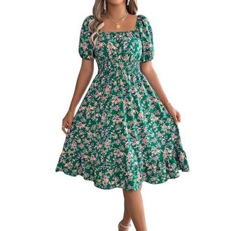 Generic Robe d&eacute;t&eacute; florale boh&egrave;me &agrave; manches courtes bouffantes &agrave; nouer sur le devant pour femme, Vert, XL