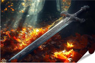 Islandburner XXL Bild Poster Schwert im Herbstlaub mit Lichtstrahlen Premium Bilder Fotodruck