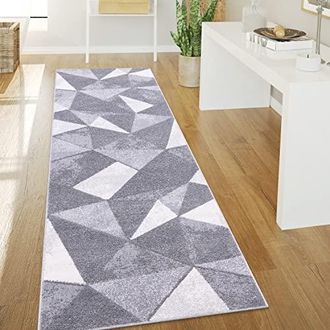Paco Home Tapis De Salon Poils Ras Tapis Vintage Style Abstrait Moderne Motif Diamant G&eacute;om&eacute;trique, Dimension:80x150 cm, Couleur:Gris