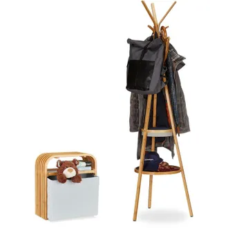Relaxdays Relaxdays - 2 tlg. Garderoben-Set, Garderobe mit Ablage, Hocker mit Aufbewahrung, aus Bambus, Kleiderst&auml;nder, Sitzhocker, natur/grau
