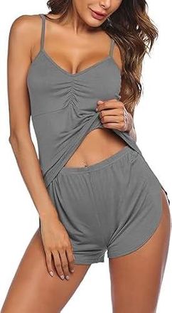 Ekouaer Pyjama Femme Court Col V et Bas Pantalon Short Pijama Ensemble de Pyjama 2 Pièces Vêtements de Nuit Chic, Gris, M