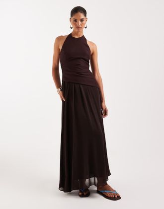 Forever New Robe longue et sans manches en lin m&eacute;lang&eacute; avec jupe en mousseline - Chocolat-Brown