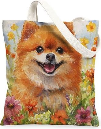 Generic Sac fourre-tout en toile pour faire du shopping, 33 x 38,1 cm, sac d&eacute;picerie r&eacute;utilisable pour femme, peinture &agrave; lhuile motif fleurs sauvages, chiot d