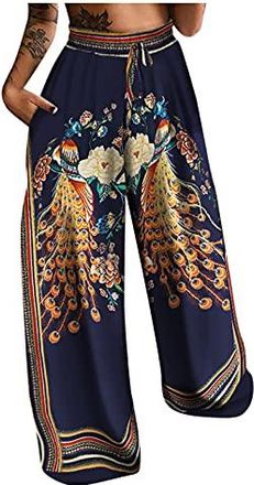 Generic Robe boh&egrave;me 2026 pour femme, imprim&eacute; plage, pantalon, poches, pantalon haut, facile et long, noir fonc&eacute;, XL