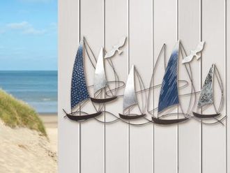 Gilde Wandrelief Regatta aus Metall in Blau und Silberfarben, glänzend, Boot-Form, 49x91x4 cm, Wanddeko Kunst Dekoration maritim