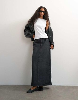 Topshop jupe longue colonne taille basse en noir d&eacute;lav&eacute;