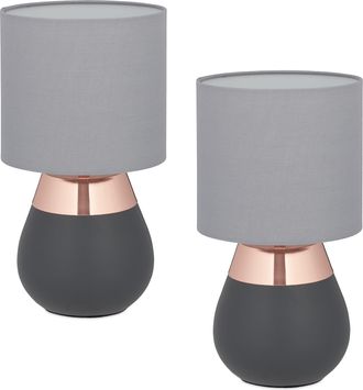 Relaxdays Tischlampe, 2er Set, Metallfuß, Stoffschirm, E14, H x D: 32 x 18 cm, Nachttischlampe mit Kabel, grau/Kupfer