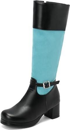 Generic Bottes d&eacute;quitation montantes &agrave; bout rond pour femme avec fermeture &eacute;clair lat&eacute;rale et boucle, talon bloc confortable, bleu, 37.5 EU