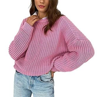 Generic Chandail &agrave; encolure ras du cou et &agrave; manches longues pour femme, coupe d&eacute;contract&eacute;e, pull en grosse maille &agrave; &eacute;paules tombantes pour femme, rose, taille