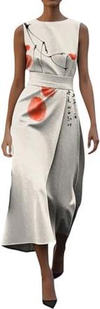 Generic Robe dété mi-longue pour femme, élégante, chic, col rond, sans manches, taille haute, style enveloppant, tendance, art abstrait, imprimé, légère pour 