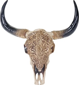Mendler Deko Schädel 45cm, Polyresin Stier Bulle Longhorn Kopf Trophäe mit Tribal, In-/Outdoor