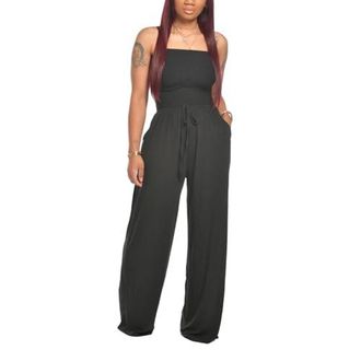 Generic Combinaison sans bretelles &agrave; la taille, combinaison d&eacute;t&eacute; sans manches avec ceinture &agrave; jambes larges, haut tubulaire ample avec poches, Noir, XXL