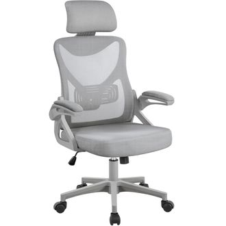 Yaheetech Bürostuhl Ergonomisch, Schreibtischstuhl mit Hochklappbaren Armlehnen, Drehstuhl mit Rückenlehne und Verstellbarer Kopfstütze, bis 136 kg Belastbar Gr