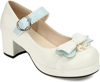 Generic Femmes Lolita Escarpins De Mariée Doux Bas Bloc Talon Chaussures De Mariage Pearl Bow Kawaii Cosplay Chaussures,White and Blue,47 EU