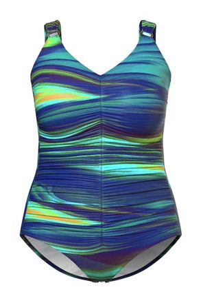 Ulla Popken Damen gro&szlig;e Gr&ouml;&szlig;en &Uuml;bergr&ouml;&szlig;en Plus Size Badeanzug, Raffung, Softcups, recycelt dunkelblau 42 837625750-42