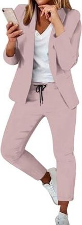 Generico Tenue 2 pièces pour femme | Blazer uni ouvert sur le devant et pantalon crayon | Ensemble élégant à revers cranté à double boutonnage pour femme | Bla