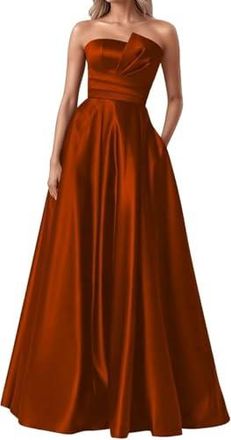 Generic Robe de bal longue sans bretelles en satin pour femme - Robe de soir&eacute;e formelle sans manches, rouille, 48 Grande taille