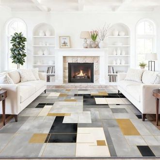 Generic Moderne Antid&eacute;rapant Tapis Gris - Doux R&eacute;sistant Lavable en Machine Tapis &agrave; Motif R&eacute;tro Rectangle Carr&eacute; Poil Ras Moquette pour Salon Chambre Cuisine, 