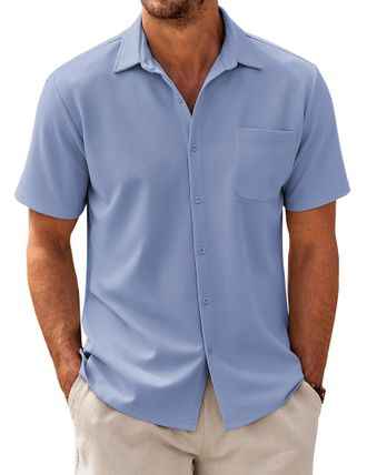 Coofandy Herren Kurzarm Hemd Casual Sommerhemd Freizeithemd Business Hemden mit Tasche Fischgrätmuster Textured Shirts Clear Blau XXL