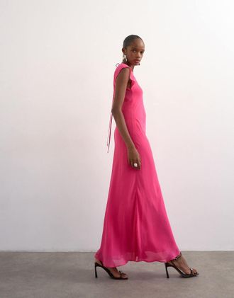 Topshop Robe longue asym&eacute;trique &agrave; manches &eacute;vas&eacute;es et surpiq&ucirc;res - Rose