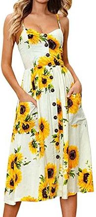 Generic Robe amincissante boh&egrave;me pour femme, robe d&eacute;t&eacute; d&eacute;contract&eacute;e &agrave; col rond, sans manches, coupe midi, beige, S