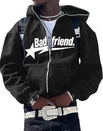 ORANDESIGNE Sweats à Capuche Homme Y2K Full Zippé Veste à Capuche Vintage Gothic Pull Mode Oversize Streetwear avec Poche Imprimé Sweatshirt Casual Hoodies Unisex