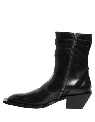 Dolce & Gabbana Mens Black Leather Dg Plaque Mid Calf Boots Shoes