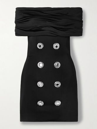 Balmain Schulterfreies Minikleid Aus Gerafftem Jersey Und Cady Mit Zierkn&ouml;pfen - Schwarz