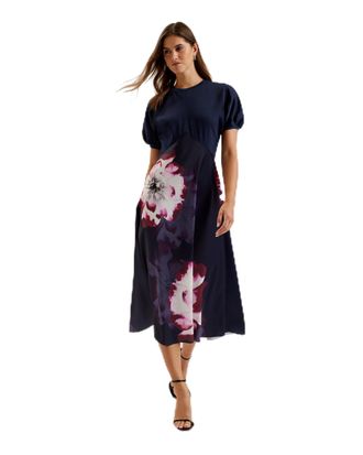Ted Baker Damen WMD-MITZIC-Ponte Bodice Printed Satin Skirt Midi Dress Lässiges Kleid, Navy, 40