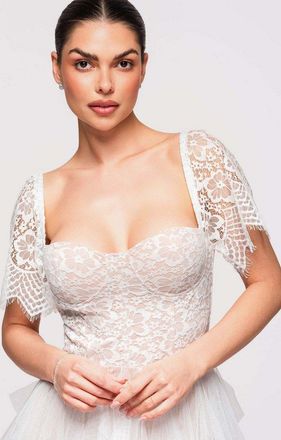Ombre Abendkleid Cocktailkleid Spitze T&uuml;ll Midi Wei&szlig; M (kein Set, 1-tlg) Mehrlagiger T&uuml;llrock, florale Spitze
