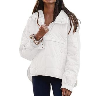 Generic Manteau surdimensionn&eacute; l&eacute;ger &agrave; capuche en coton pour femme, veste de loisirs confortable et coupe-vent, blanc, XXL