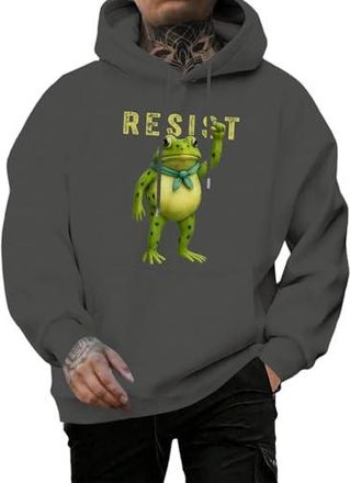 Generic Sweat &agrave; capuche surdimensionn&eacute; pour homme - Imprim&eacute; grenouille r&eacute;sistant | Sweat-shirt d&eacute;contract&eacute; tendance avec poche, usage quotidien, gris fonc&eacute;, X