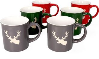 MamboCat 6-er Kaffee-Becher-Set Hirsch zylindrisch Weihnachten I Keramik-Tasse gro&szlig; mit Hirschkopf - 2X Rot Gr&uuml;n Grau I gro&szlig;e Jumbo-Tee-Tasse - Tea; Coffee Mug