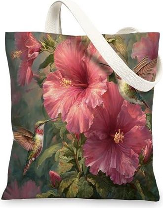 Generic Sacs fourre-tout en toile motif hibiscus motif colibri, sacs à provisions réutilisables, vintage légers et lavables avec bandoulière B, pêche, 13x15 I