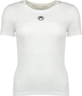 Marine Serre Moon Logo Geripptes Jersey Baby Fit T-Shirt - - Tops - Damen - Wei&szlig; - M